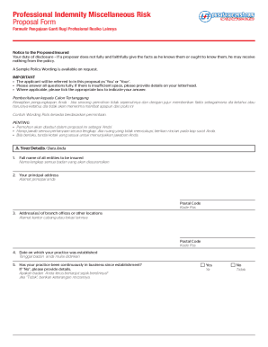 Fillable Online PROFESSIONAL INDEMNITY AND LIABILITY PROPOSAL FORM FOR ...