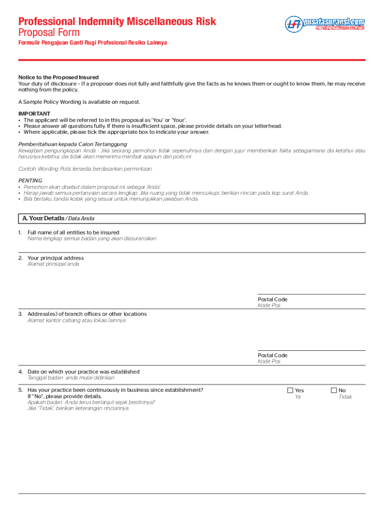 Fillable Online PROFESSIONAL INDEMNITY AND LIABILITY PROPOSAL FORM FOR ...
