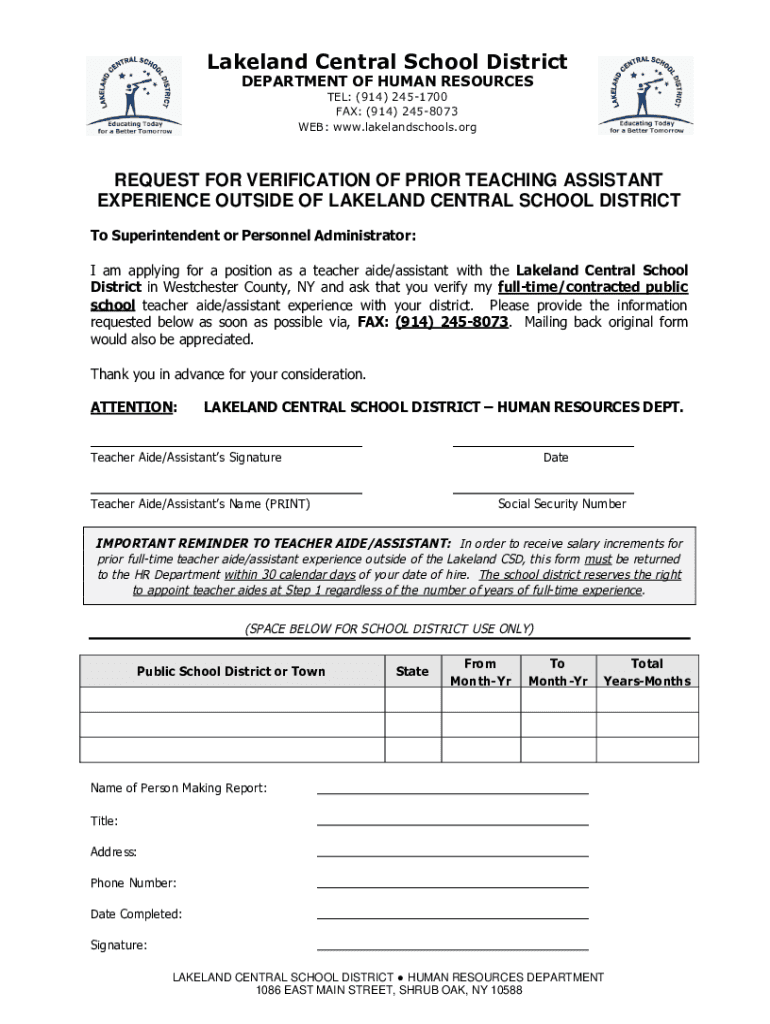 Fillable Online Prior Experience Verification Form Teacher Aide Fax ...