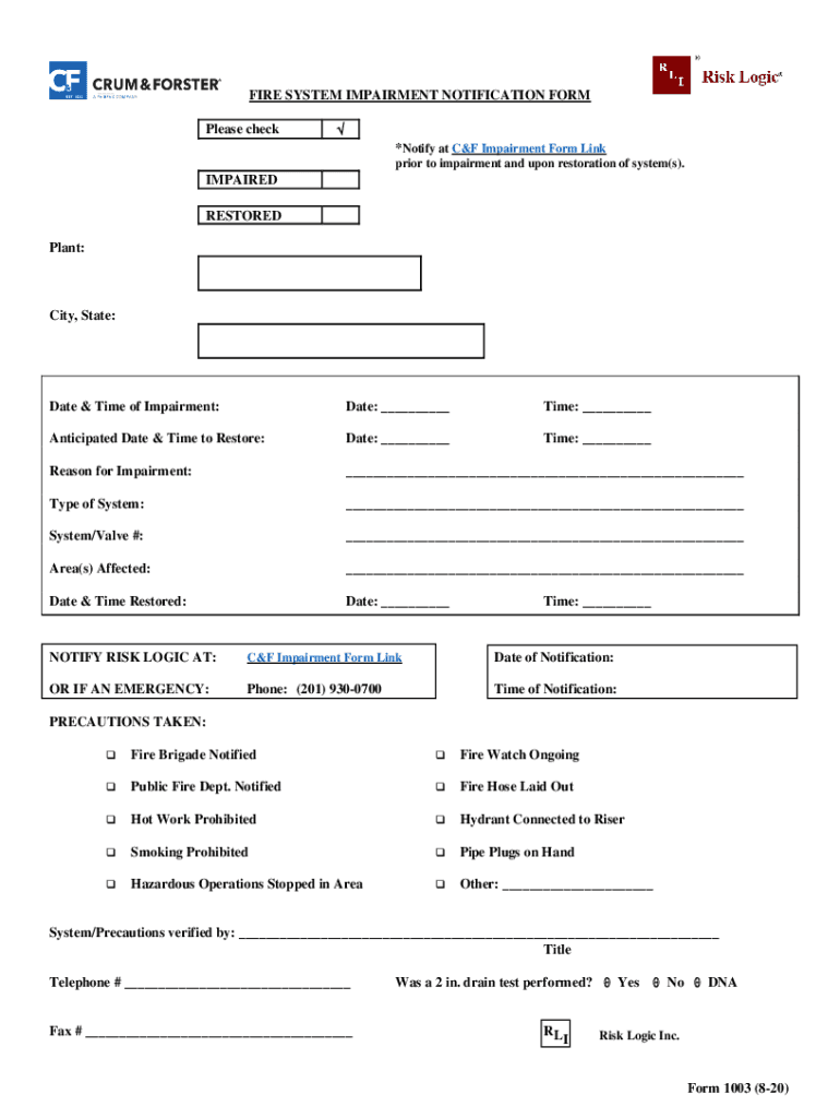 Fillable Online FIRE SYSTEM IMPAIRMENT NOTIFICATION FORM Fax Email ...