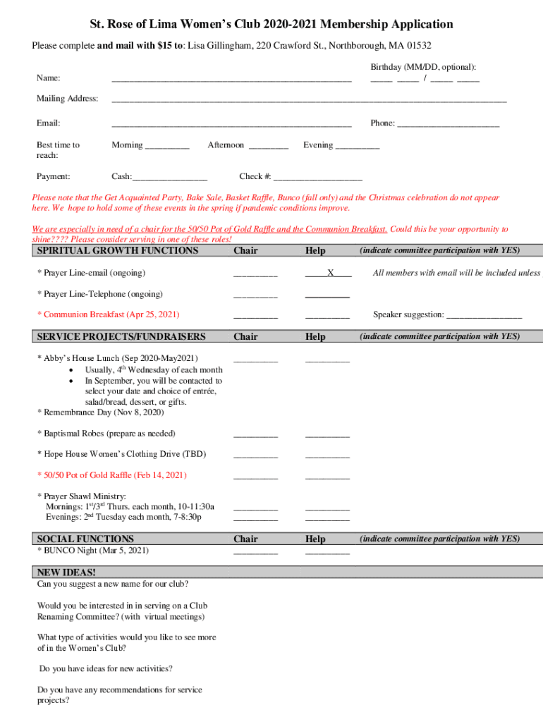 Fillable Online St. Rose of Lima Womens Club 2020-2021 Membership ...