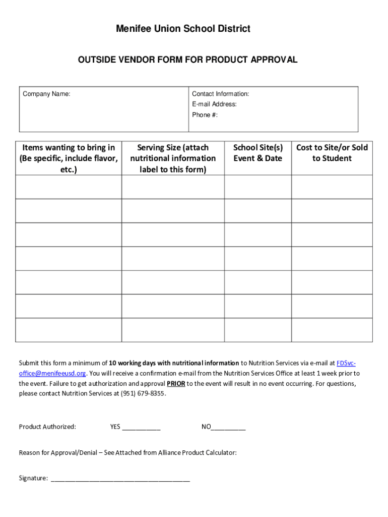 Fillable Online OUTSIDE VENDOR FORM FOR PRODUCT APPROVAL Fax Email ...