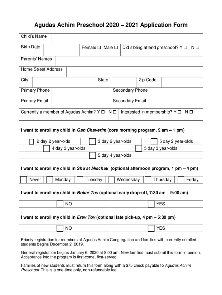 Fillable Online Pre-K Application Packet of Forms for the 2020-2021 ...