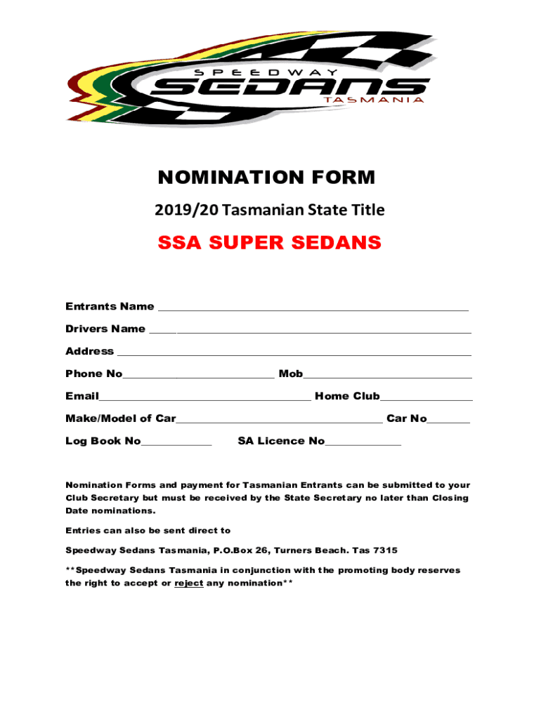 Fillable Online 2019-20 State Title - Nomination Form - Speedway Sedans ...