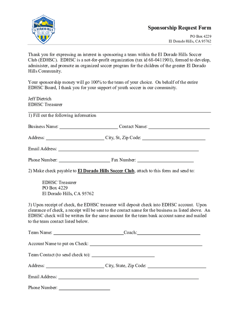 Fillable Online Sponsorship Request Form 2018 - SportsEngine Fax Email ...