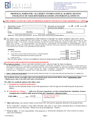 Fillable Online PROPOSAL FORM FOR ALL RISKS INTERNATIONAL MARINE ...