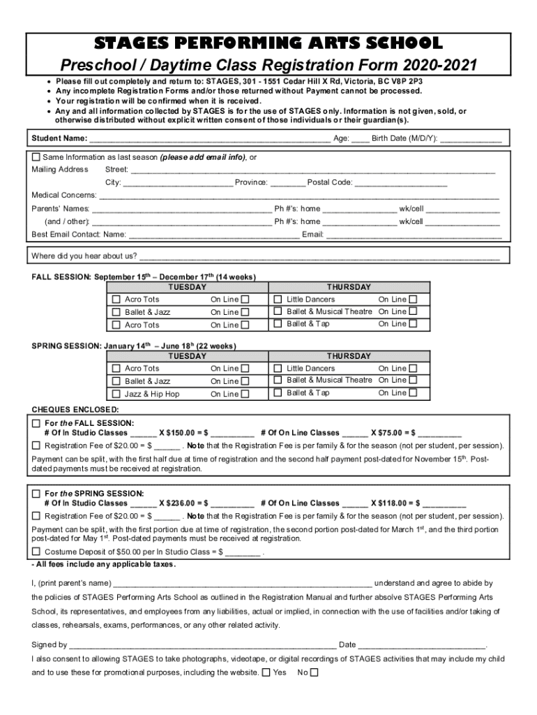 Fillable Online Stages Preschool Reg Form 2021 - STAGES Performing Arts School Fax Email Print ...