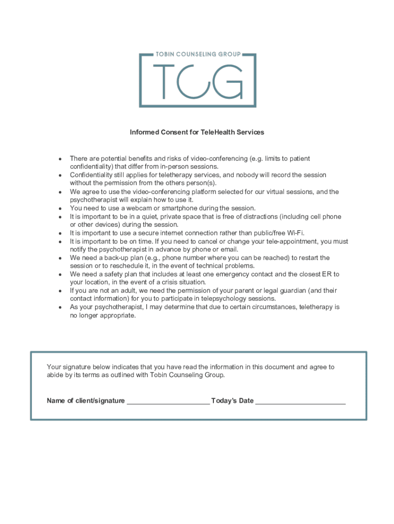 Fillable Online INFORMED CONSENT FOR TELEHEALTH SERVICES Risks and ...