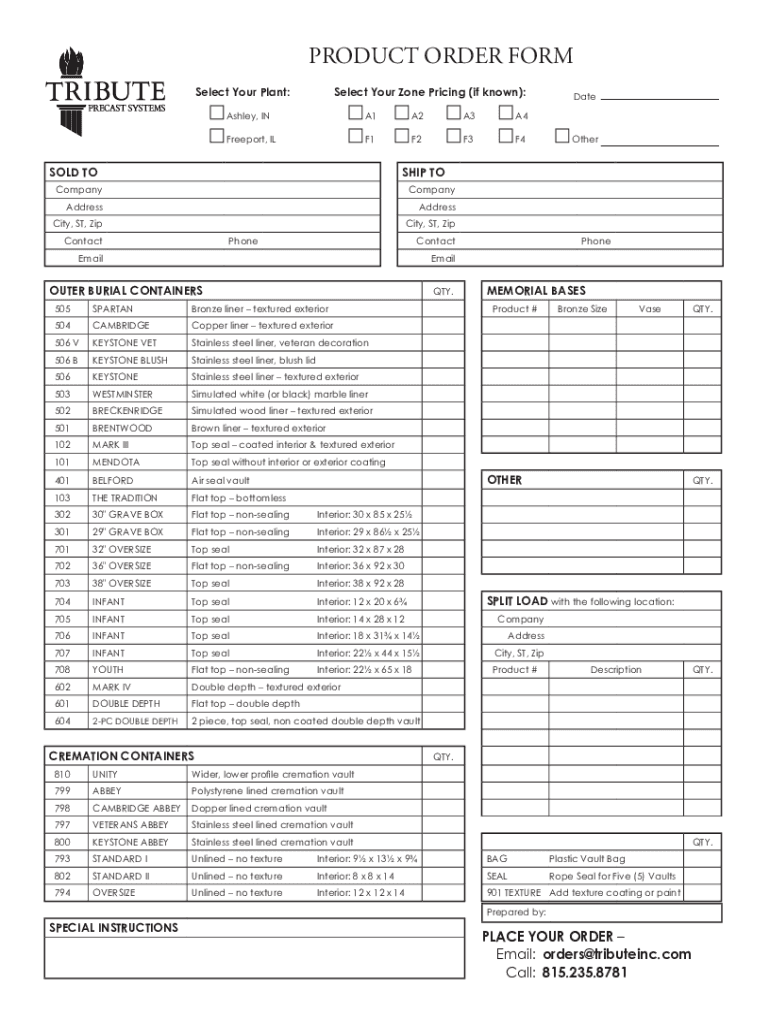 Fillable Online PRODUCT ORDER FORM - The Tribute Companies Inc. Fax ...