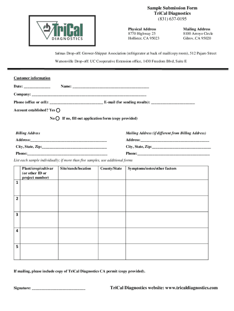 Fillable Online Sample Submission Form TriCal Diagnostics (831) 637 ...