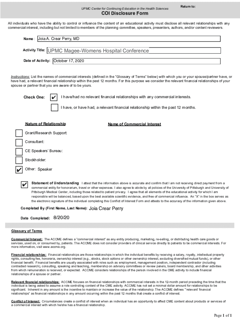 Fillable Online UPMC Magee Womens Hospital Crear Perry COI Form.pdf Fax ...