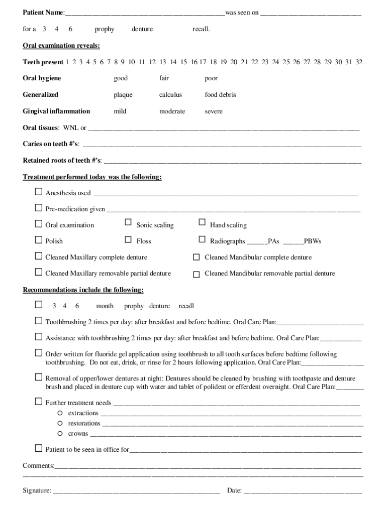 Fillable Online Oral examination reveals: Teeth present 1 2 3 4 5 6 7 8 ...