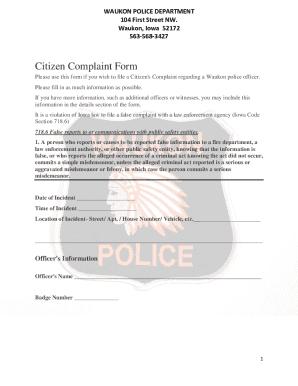 Fillable Online Citizen Complaint Form - Waukon Police Department Fax ...