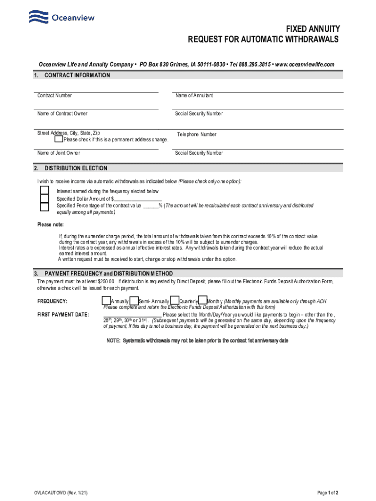 Fillable Online FIXED ANNUITY REQUEST FOR AUTOMATIC WITHDRAWALS - Oceanview Fax Email Print ...