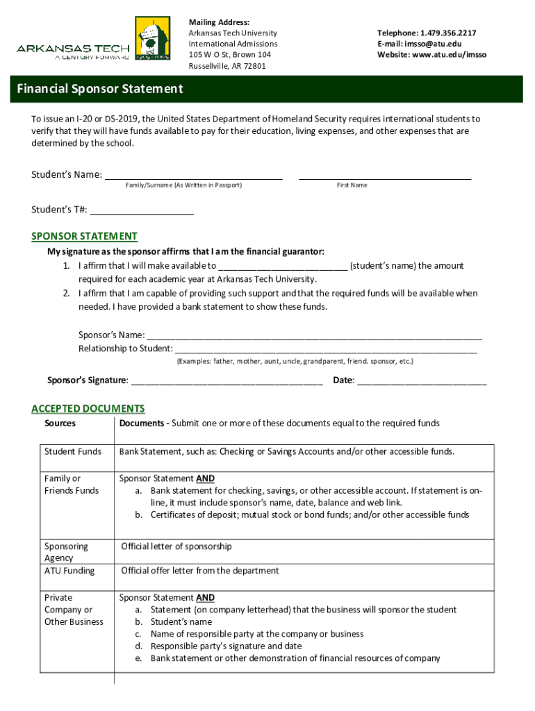 Fillable Online Financial Sponsor Statement - Arkansas Tech University ...