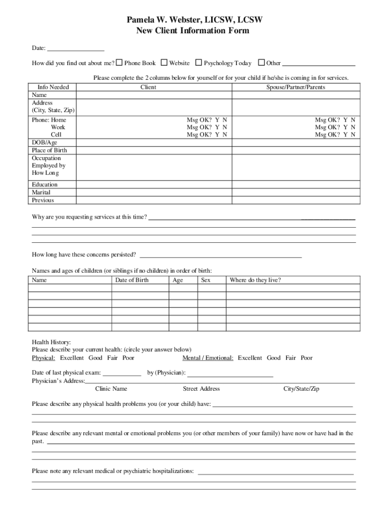 Fillable Online Pamela W. Webster, LICSW, LCSW New Client Information ...