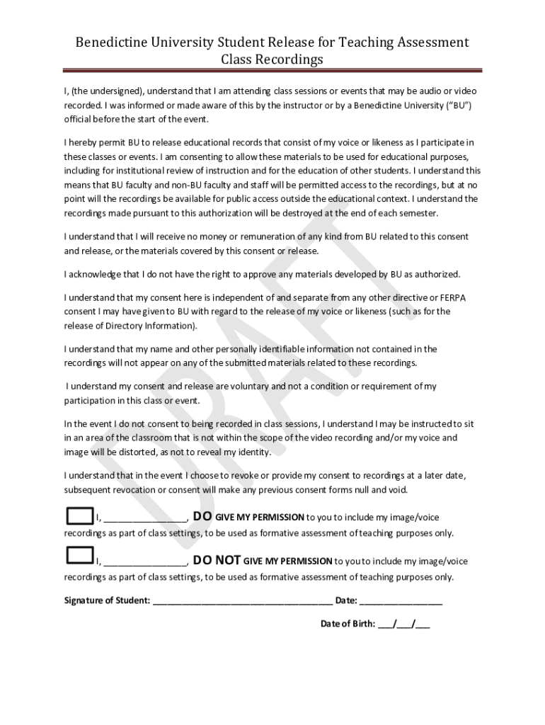 Fillable Online Benedictine University Student Release for Teaching ...