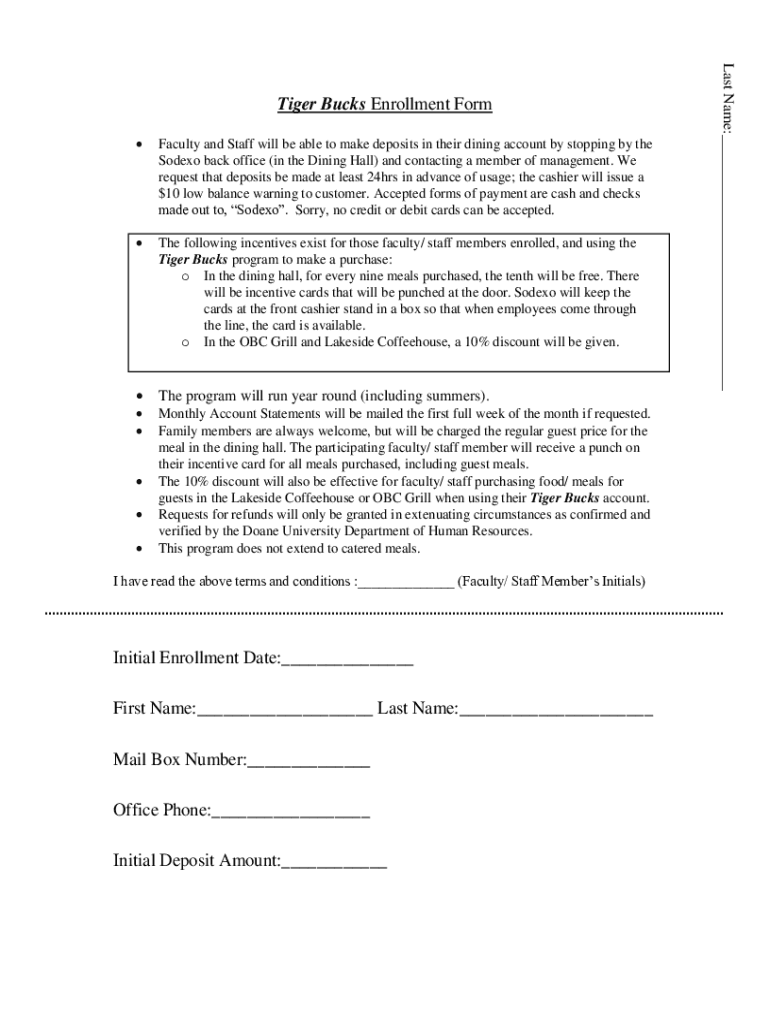 Fillable Online Tiger Bucks Enrollment Form Fax Email Print - pdfFiller