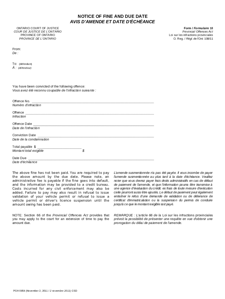 10. Notice of Fine and Due Date - ontariocourts on Doc Template | pdfFiller