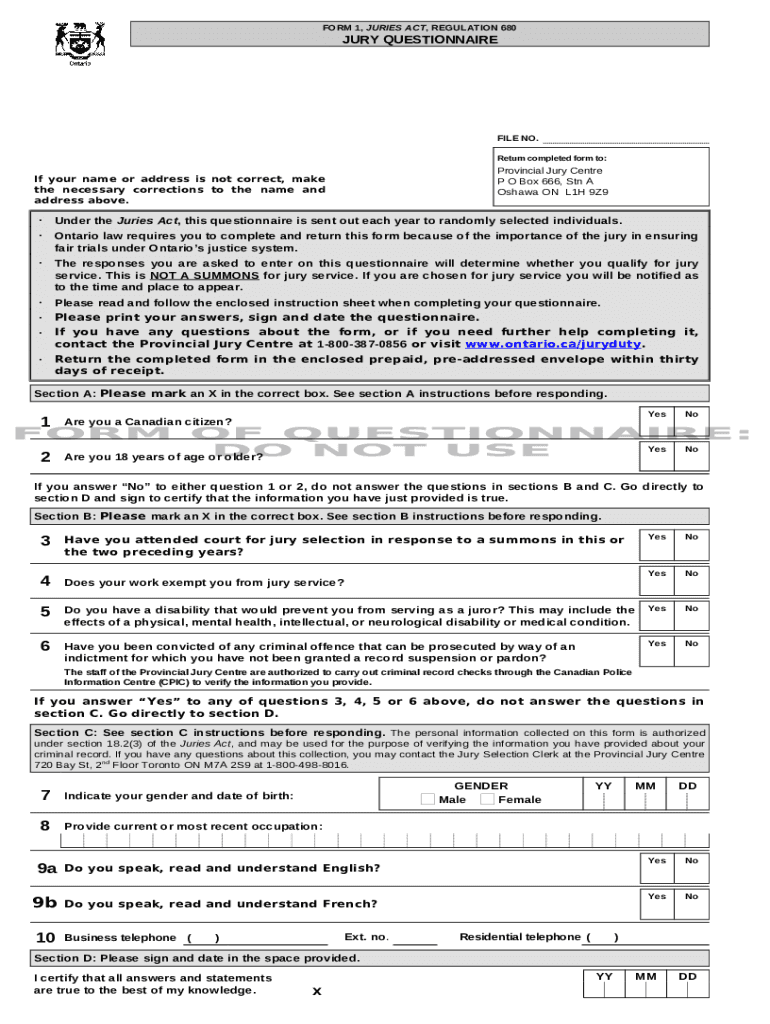 1. Jury Questionnaire - ontariocourts on Doc Template | pdfFiller