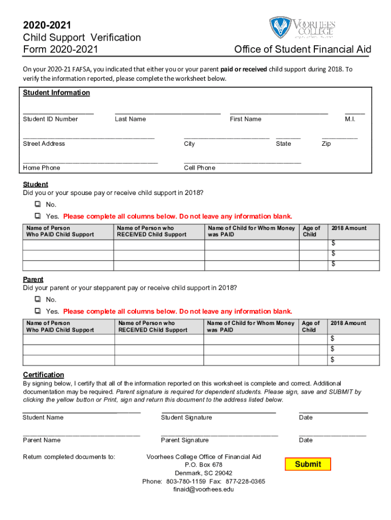 Fillable Online 2020-2021 CHILD SUPPORT PAID VERIFICATION WORKSHEET Fax ...