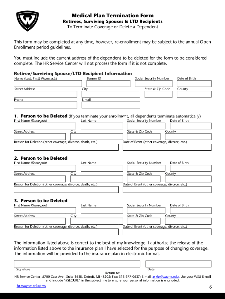 Fillable Online hr wayne Medical Plan Termination Form Retirees ...
