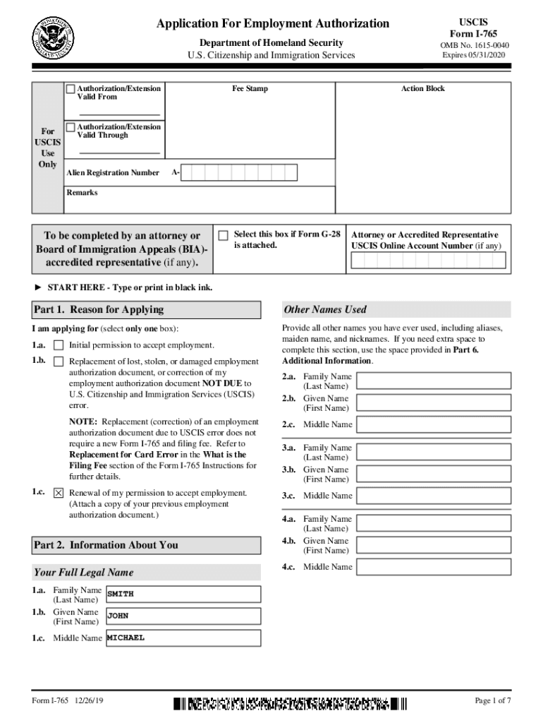 Fillable Online I-765, Application For Employment AuthorizationI-765 ...