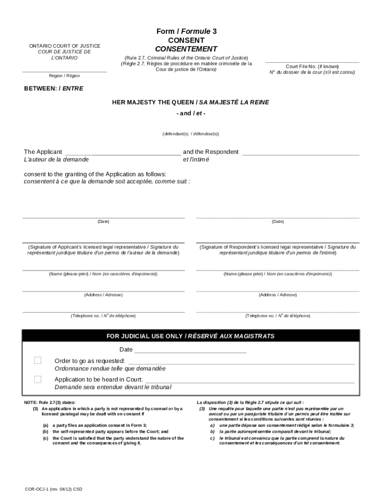 COR-OCJ-3 - Ontario Court s - ontariocourts on Doc Template | pdfFiller