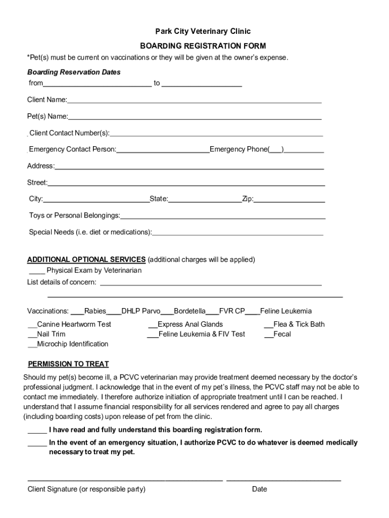 Fillable Online Park City Veterinary Clinic BOARDING REGISTRATION FORM ...