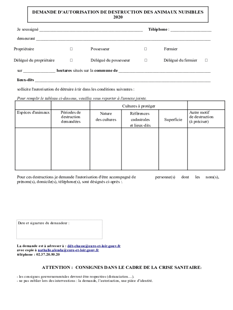 Remplissable En Ligne DEMANDE DAUTORISATION DE DESTRUCTION DANIMAUX ...