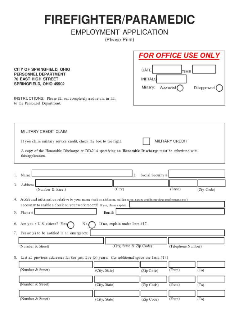Fillable Online Fire Fighter / Paramedic Application Fax Email Print ...