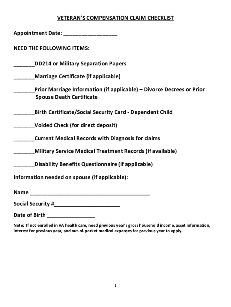 Fillable Online VETERANS PENSION CLAIM CHECKLIST Appointment Date: NEED ...