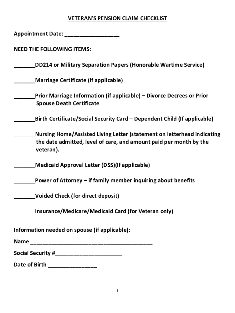 Fillable Online VETERANS SURVIVING SPOUSE PENSION CLAIM CHECKLIST ...