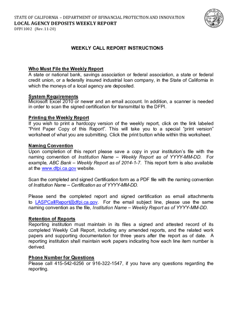 Fillable Online DFPI-1002 Instr. Local Agency Deposits Weekly Report ...