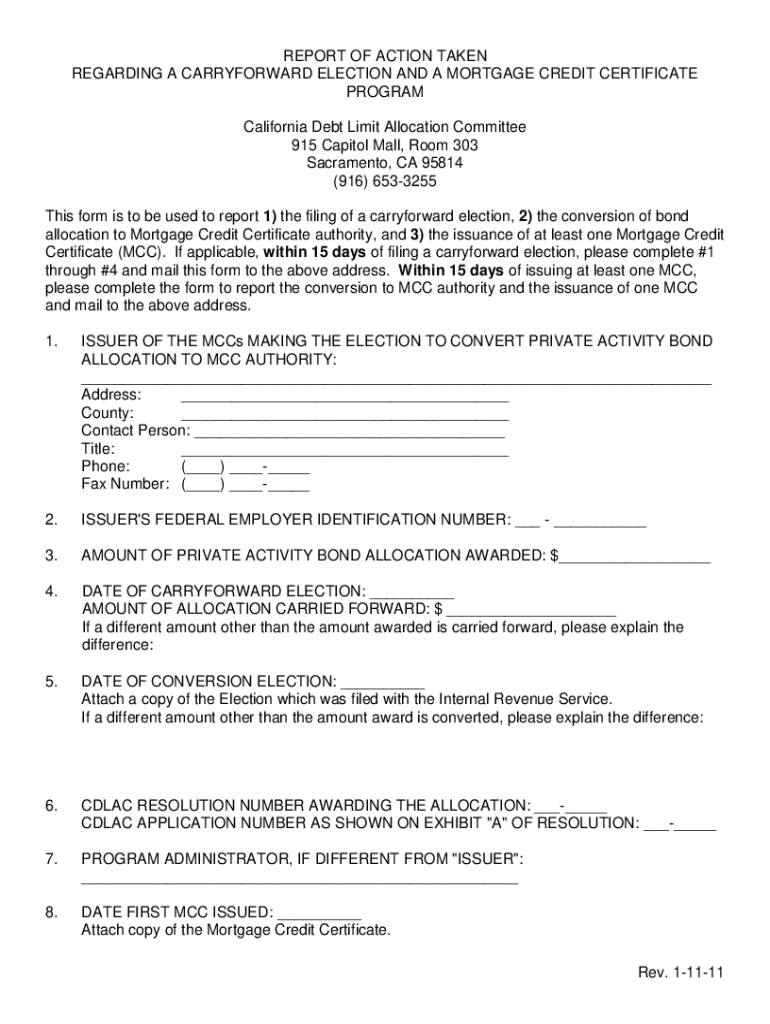 Fillable Online Report of Action Taken - California State Treasurer Fax ...