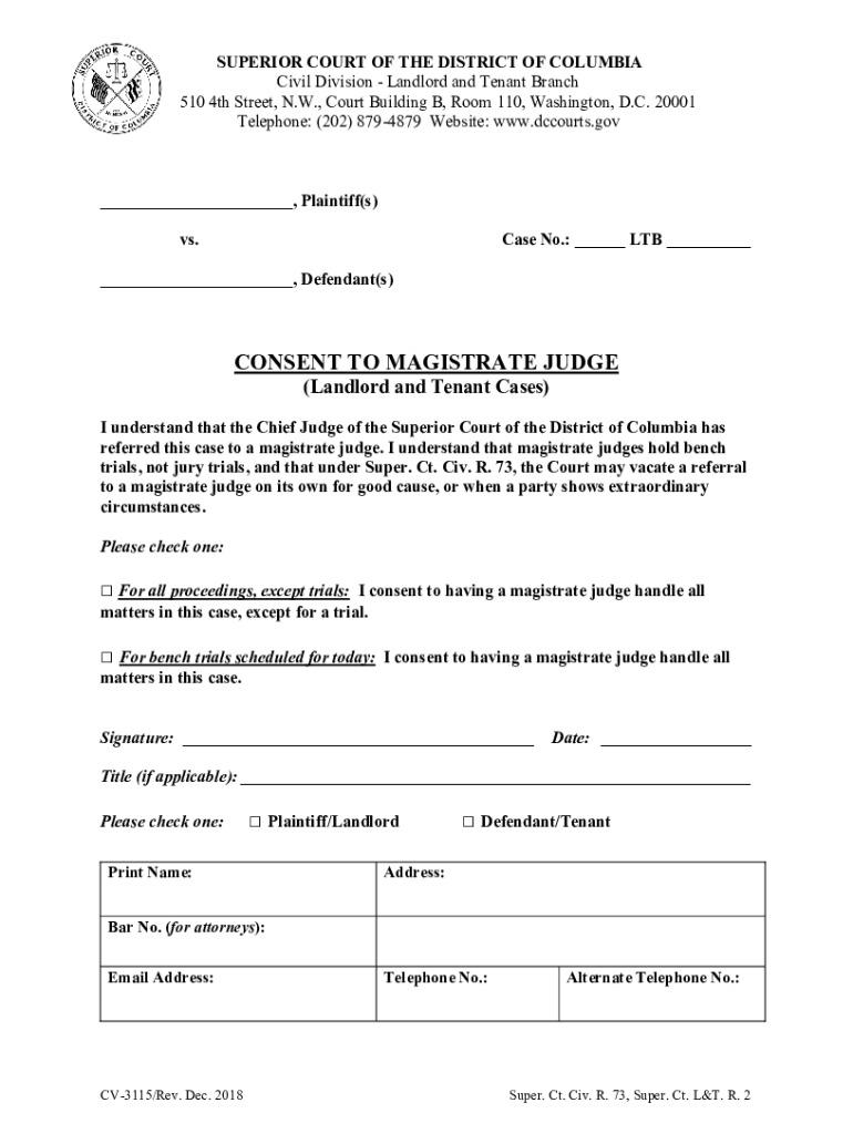 Fillable Online CONSENT TO MAGISTRATE JUDGE (Landlord and Tenant Cases) Fax Email Print - pdfFiller