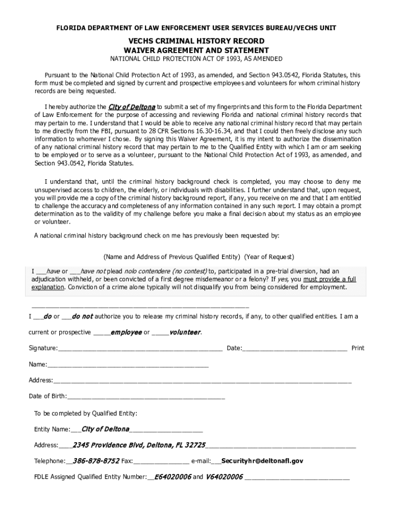 Fillable Online VECHS Process and Forms - Florida Department of Law ...