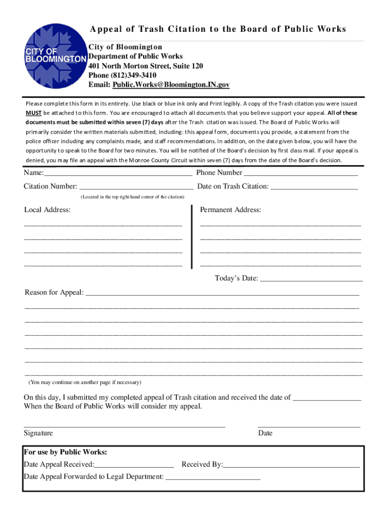 Fillable Online bloomington in Trash Citation Appeal.pub Fax Email Print - pdfFiller