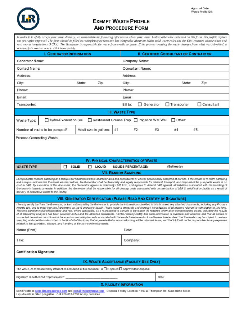Fillable Online WASTE ACCEPTANCE PROFILE AND PROCEDURE FORM Fax Email ...