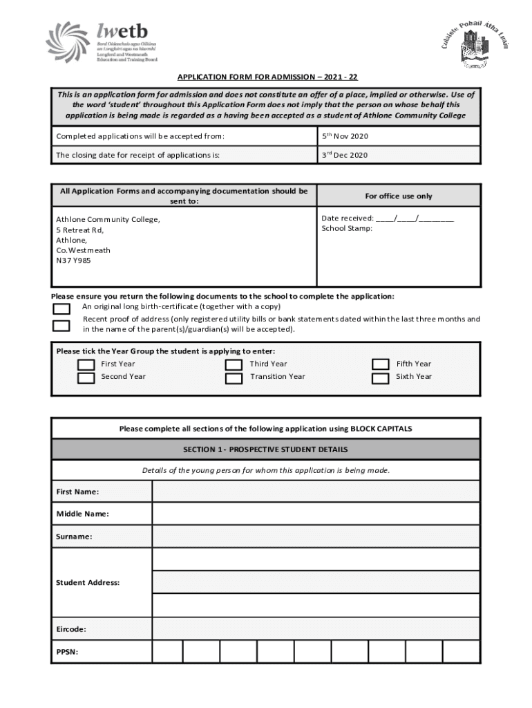 Fillable Online Application Form for Admission to 1st Yr 2021 ...