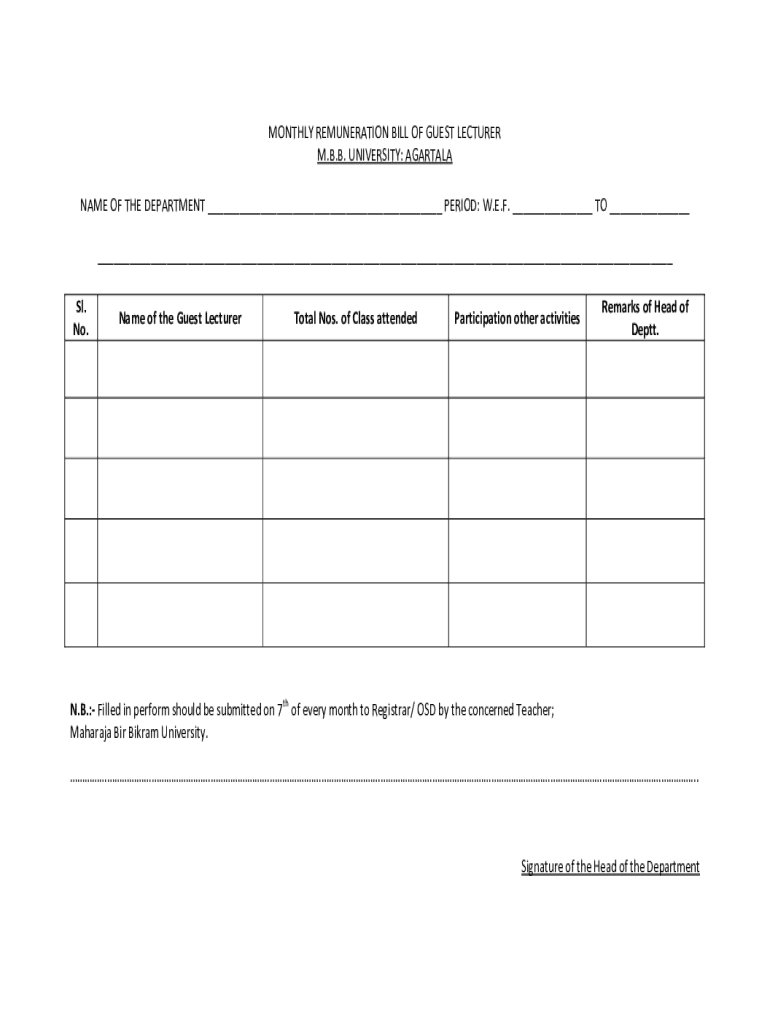 Fillable Online MONTHLY REMUNERATION BILL OF GUEST LECTURER NAME OF THE ...