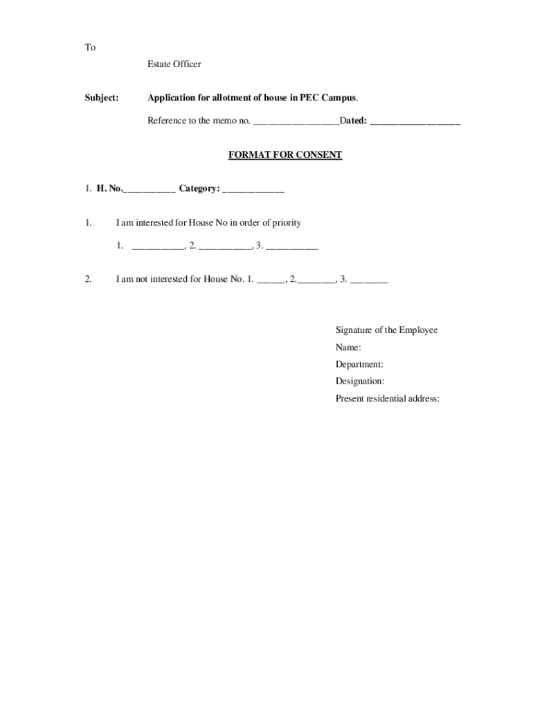 Fillable Online pec ac Subject: Application for allotment of house in ...