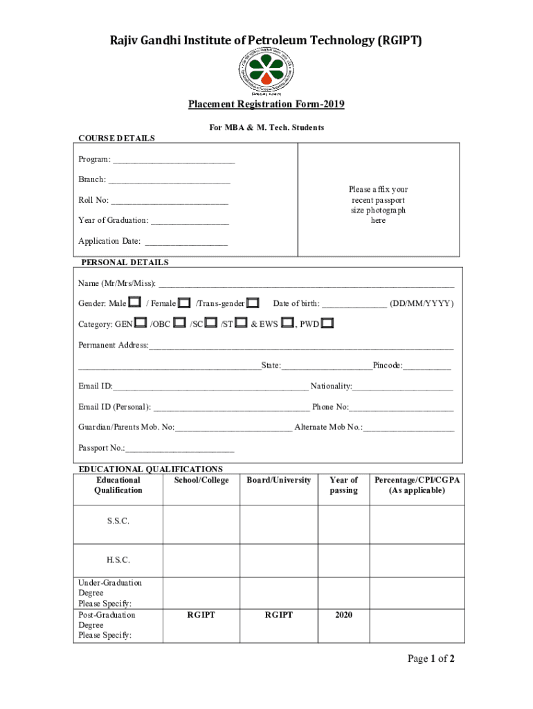 Fillable Online RGIPT B.Tech. Admission 2021: Application Form ... Fax ...