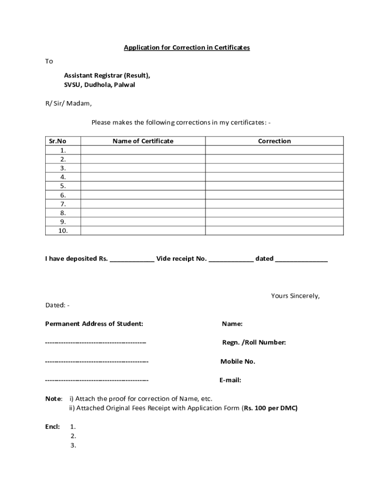 Fillable Online Application for Correction in Certificates Sr.No Name ...