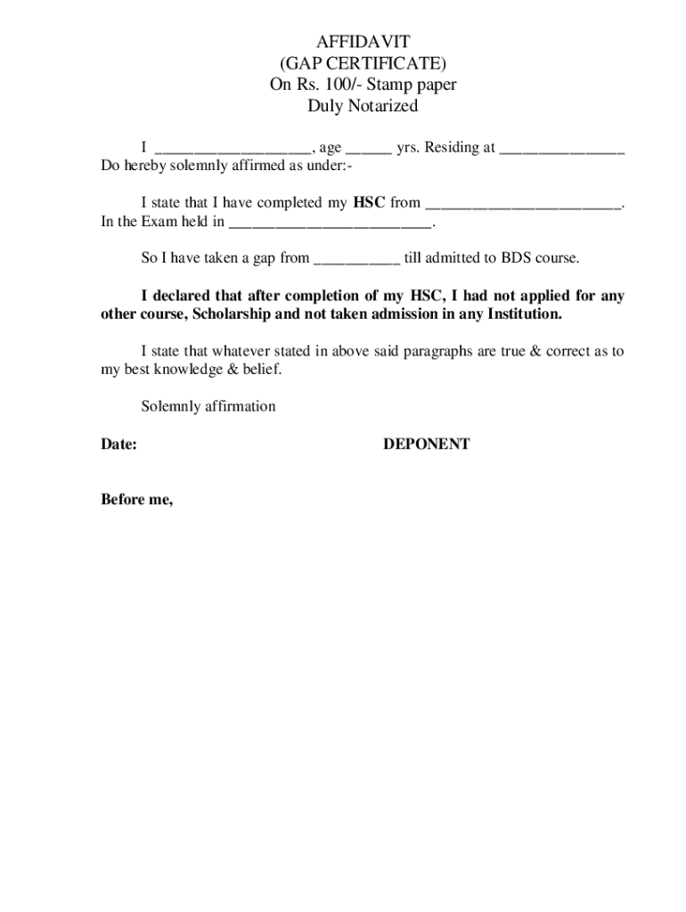Fillable Online AFFIDAVIT (GAP CERTIFICATE) On Rs. 100/- Stamp paper ...