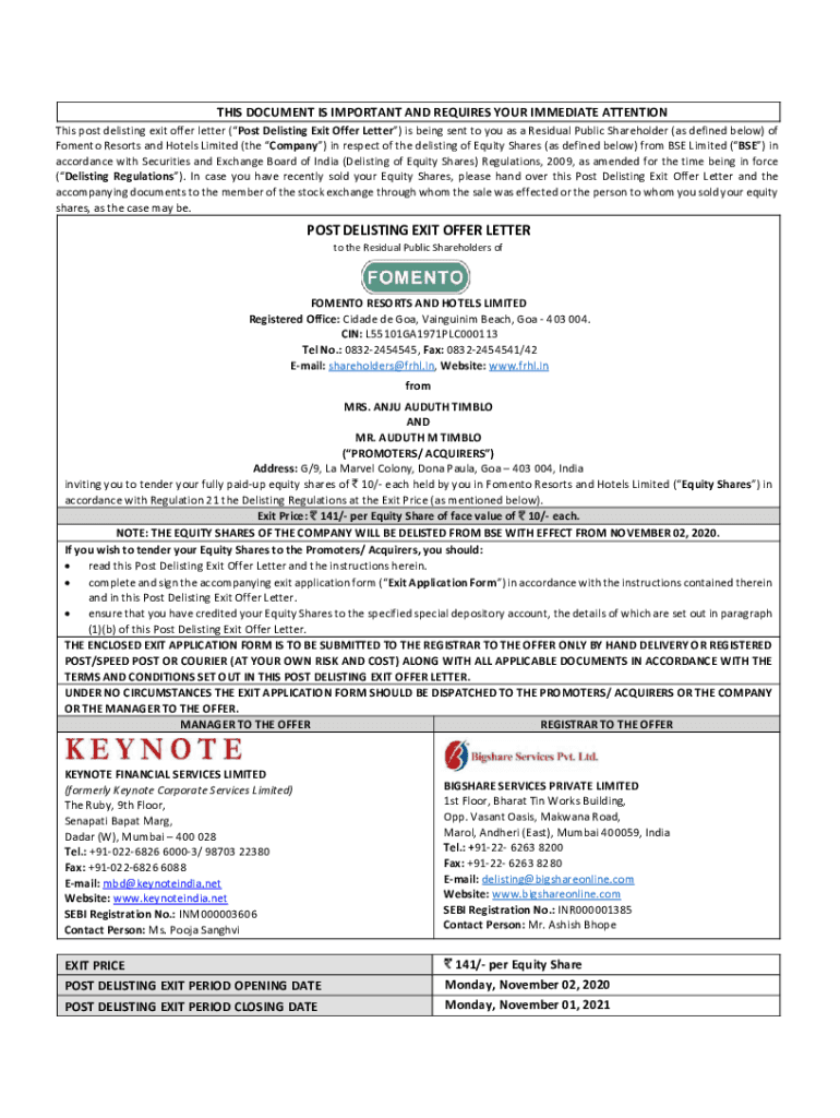 Fillable Online POST DELISTING EXIT OFFER LETTER - Fomento Resorts and ...