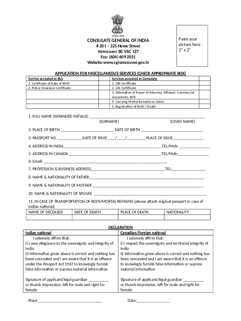 Fillable Online Indian Consulate in Vancouver, CanadaEmbassy of India ...