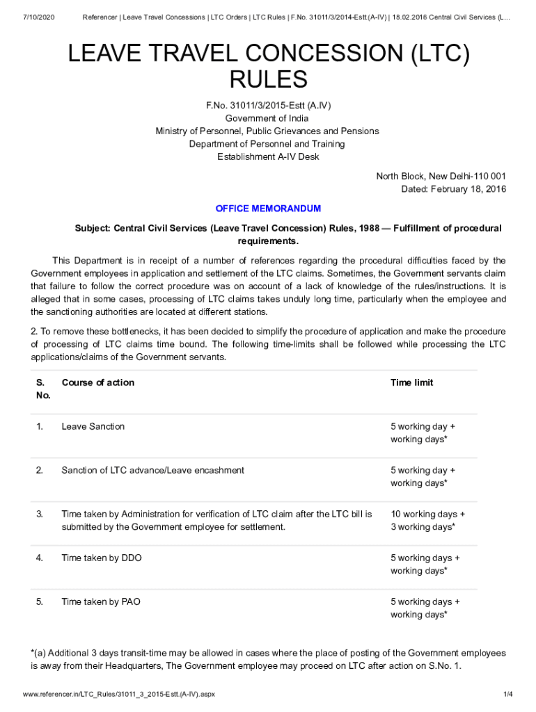 Fillable Online Referencer Leave Travel Concessions LTC Orders LTC ...