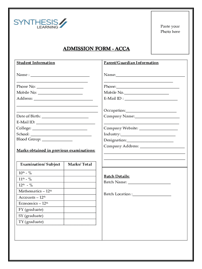 Fillable Online ADMISSION FORM - ACCA - Synthesis Learning Fax Email ...