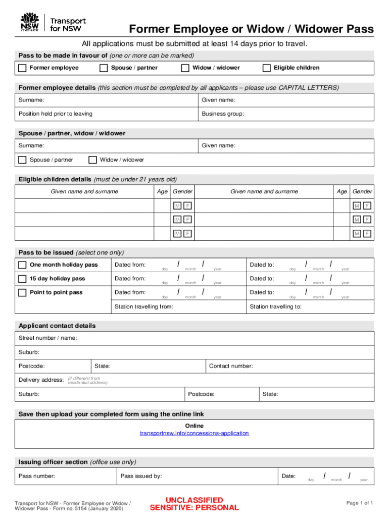 Fillable Online Former Employee or Widow / Widower Pass. Former ...